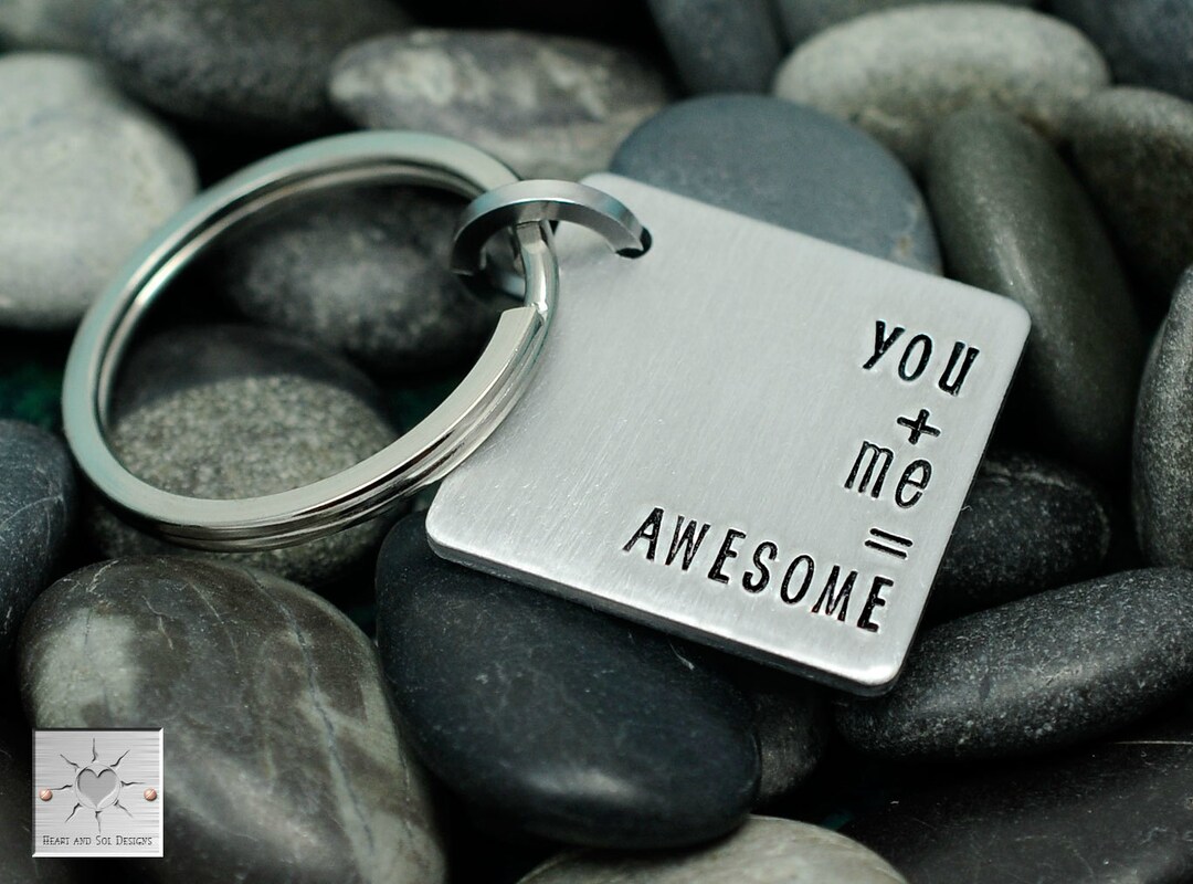 You Plus Me Equals Awesome Hand Stamped Keychain Personalized Custom ...