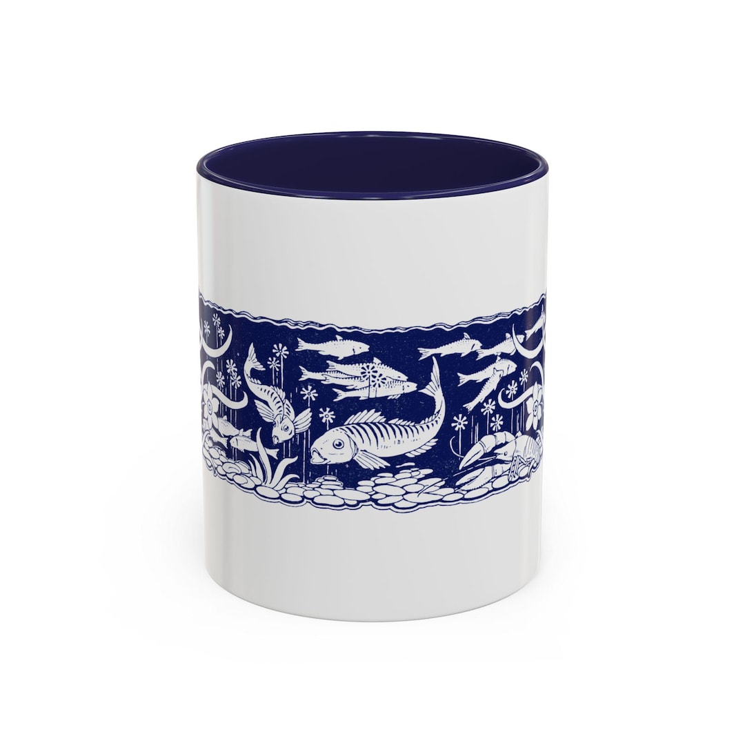 Navy Blue Fish & Floral Band Mug | Accent Coffee Mug - Etsy