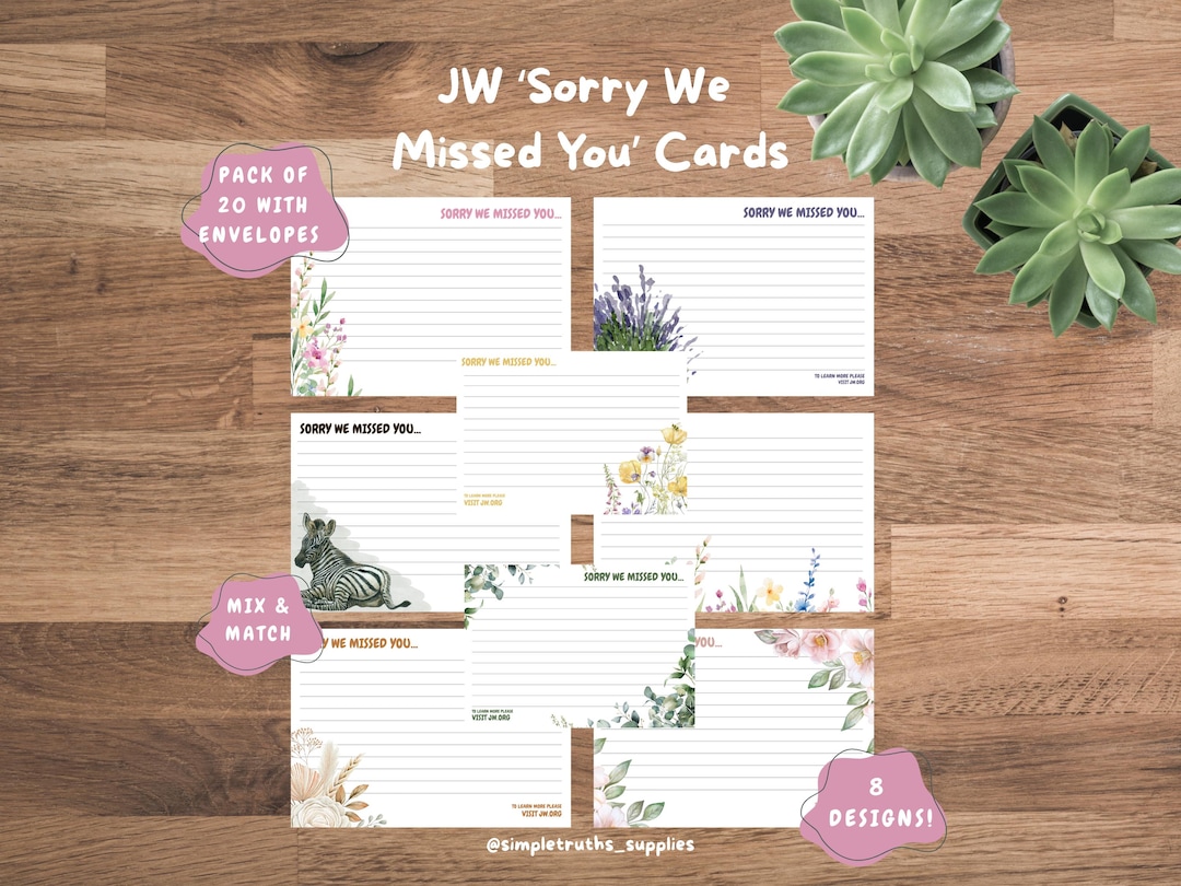 JW 'sorry We Missed You' Cards | 8 Design, Pack of 20 With Envelopes ...