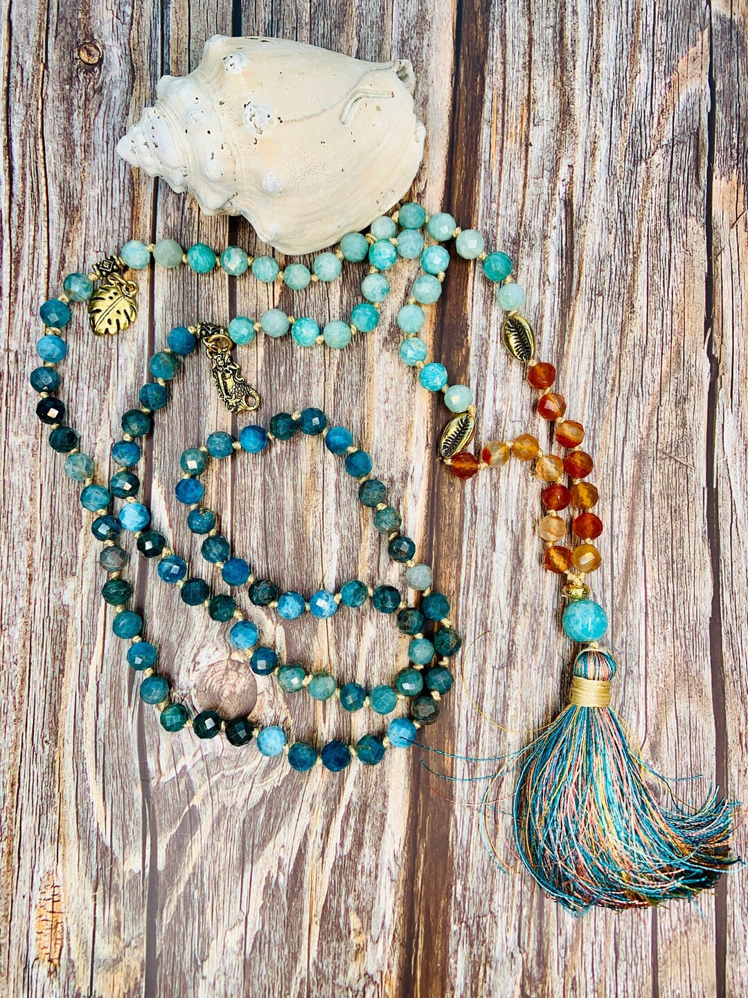 108 Zen Mala: Blue Apatite, Amazonite, and Carnelian - Ocean Peace - Etsy