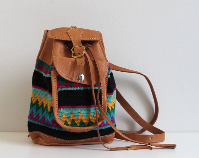 Vintage Leather and Woven Fabric Mini Backpack Knapsack - Etsy