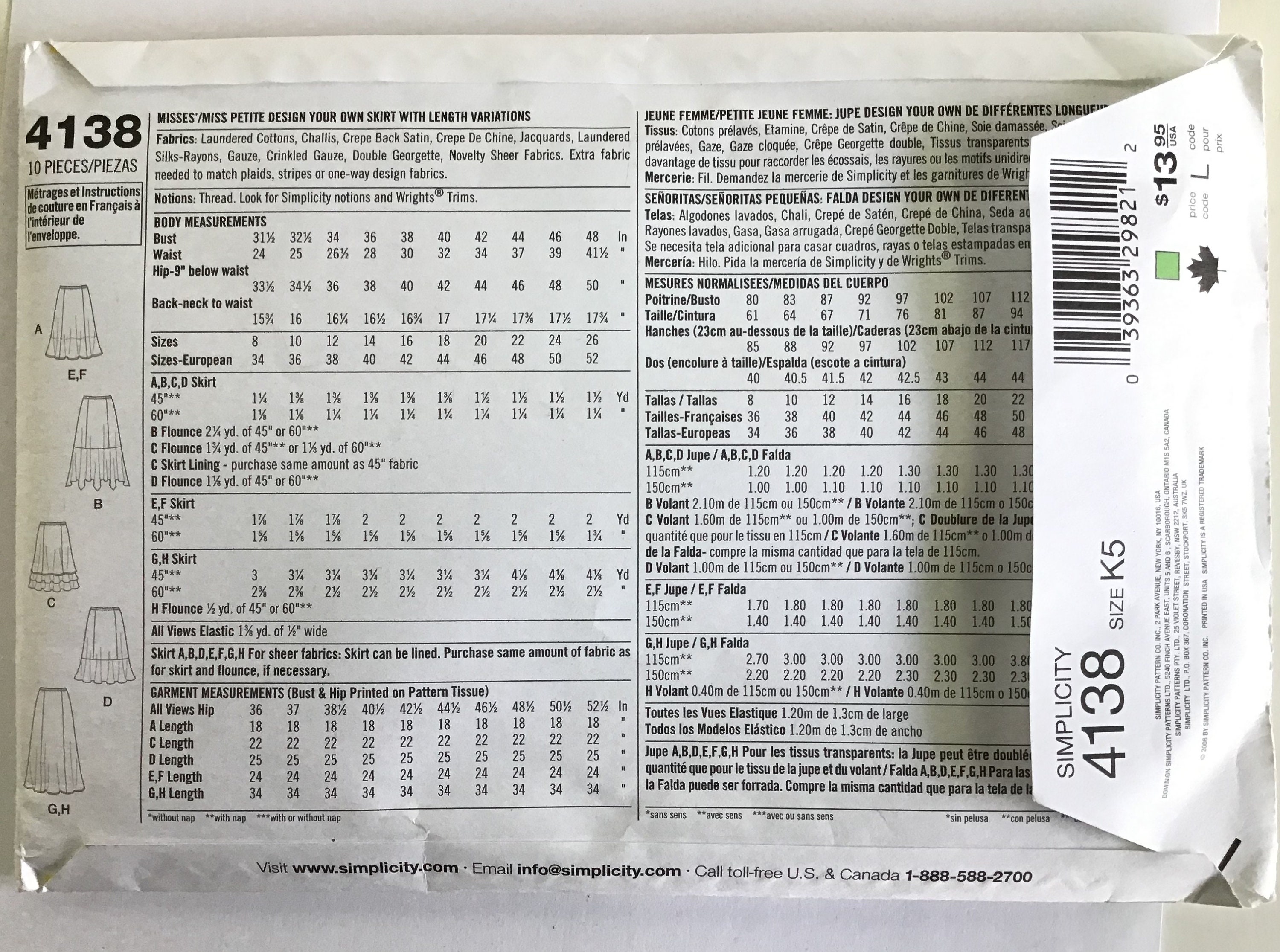 Simplicity Sewing Pattern 4138 Miss/miss Petite Skirts, K5 8-10-12-14 ...