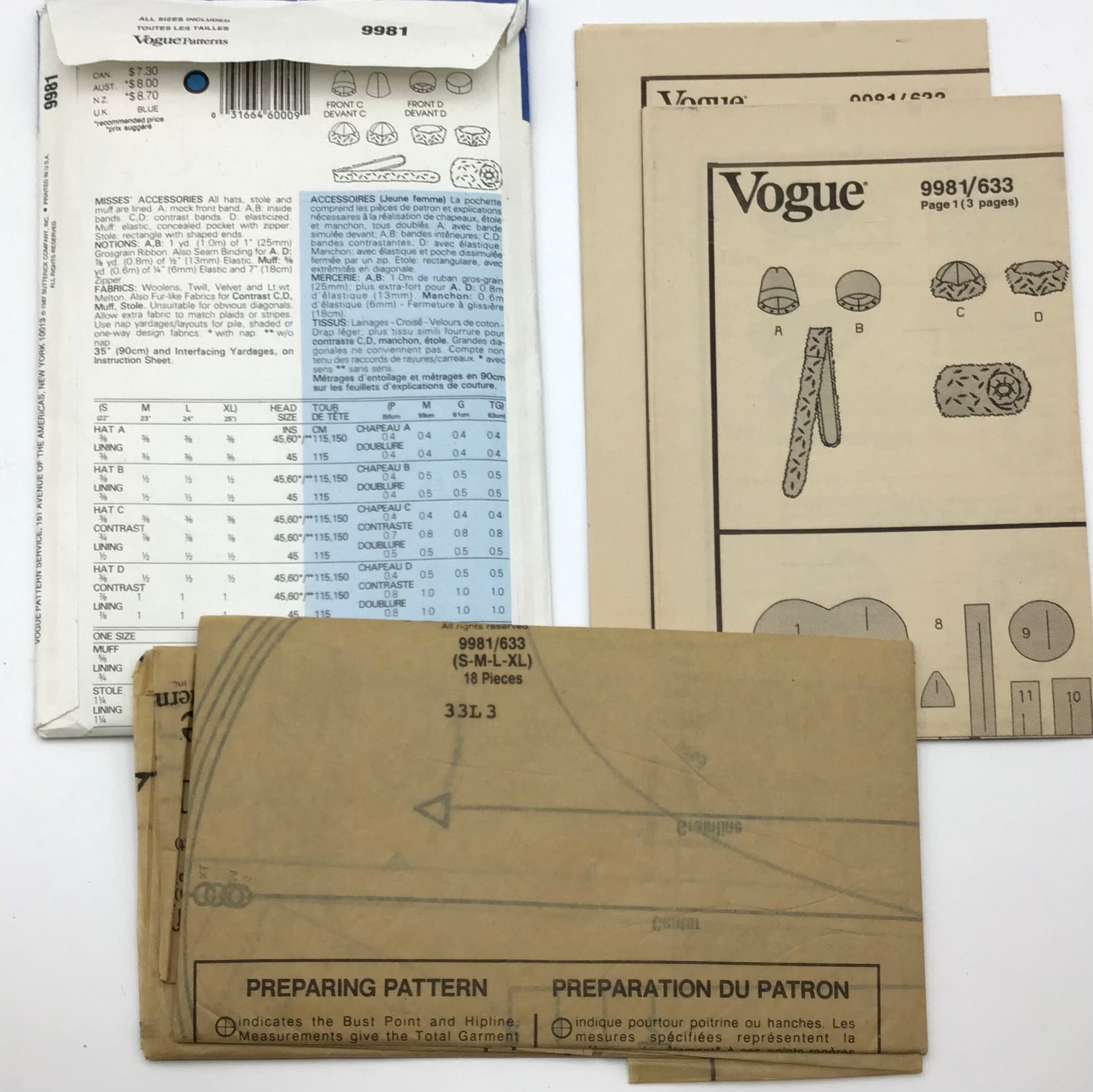 Vogue Sewing Pattern 9981, Hats and Accessories. - Etsy