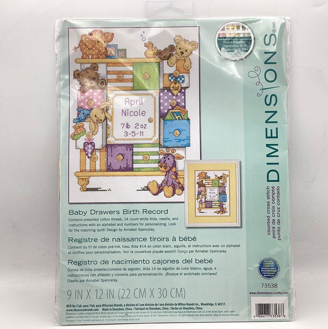 Dimensions Counted Cross Stitch Kit # 73538 ‘BABY DRAWERS' Birth Record ...