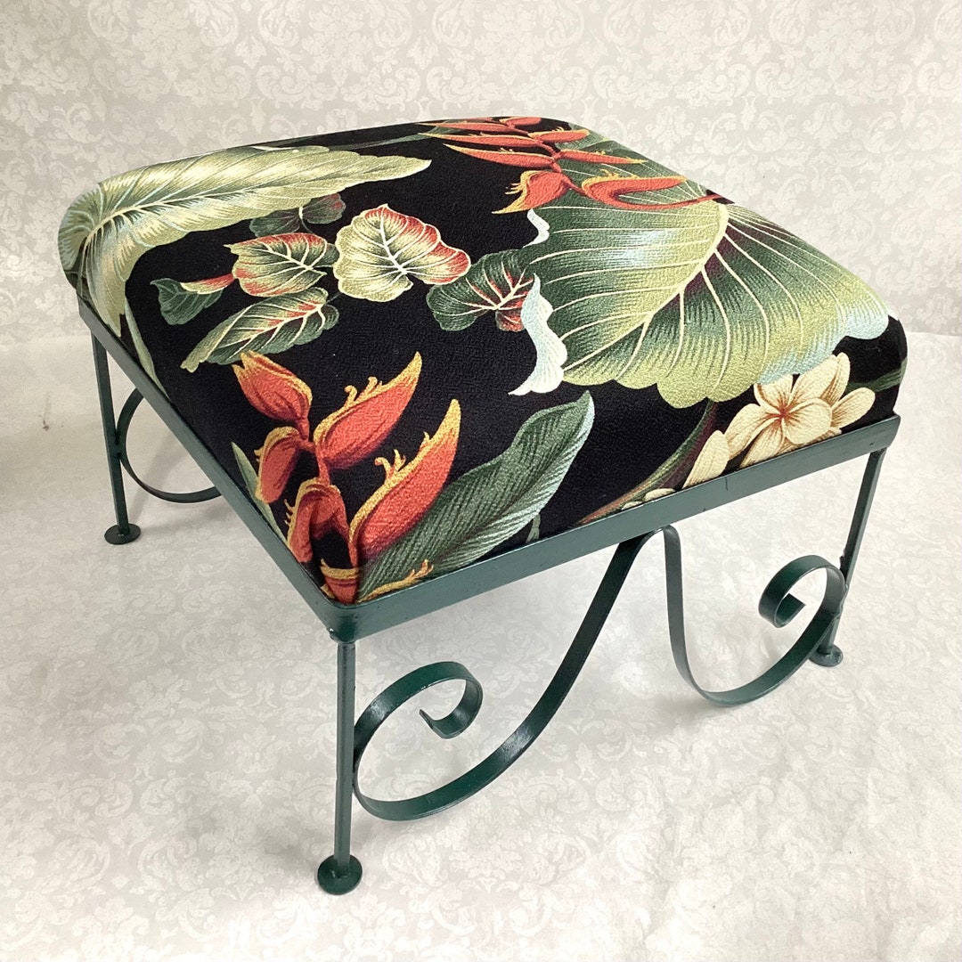 Footstool: Re-upholstered in Tropical Floral Print Fabric. Metal Frame ...