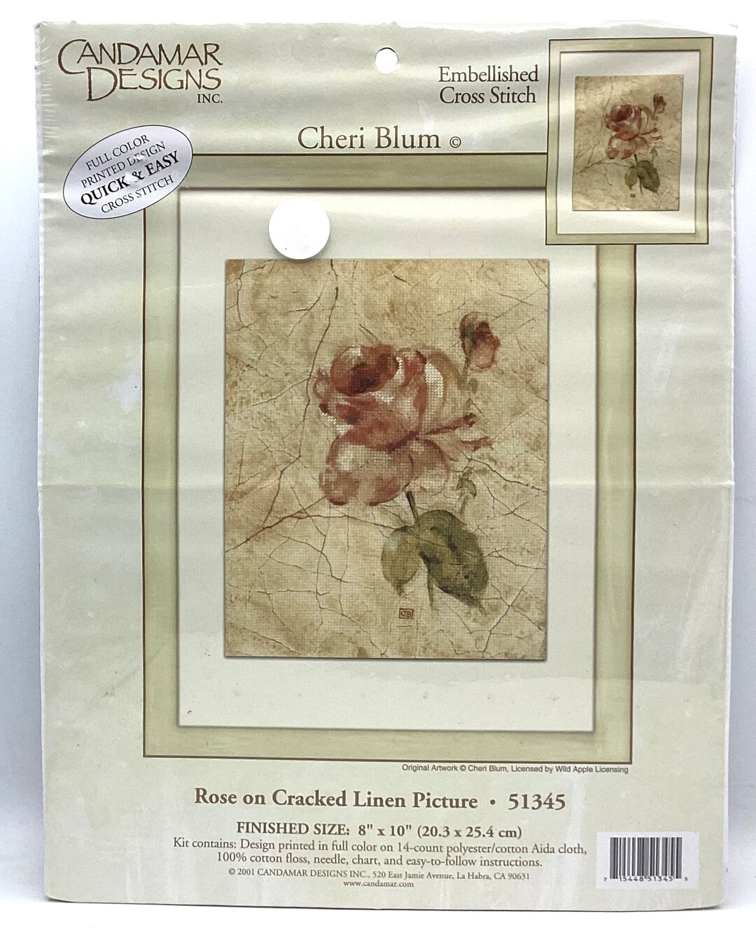 Candamar Designs Embellished Cross Stitch Kit #51345 "rose on Cracked ...