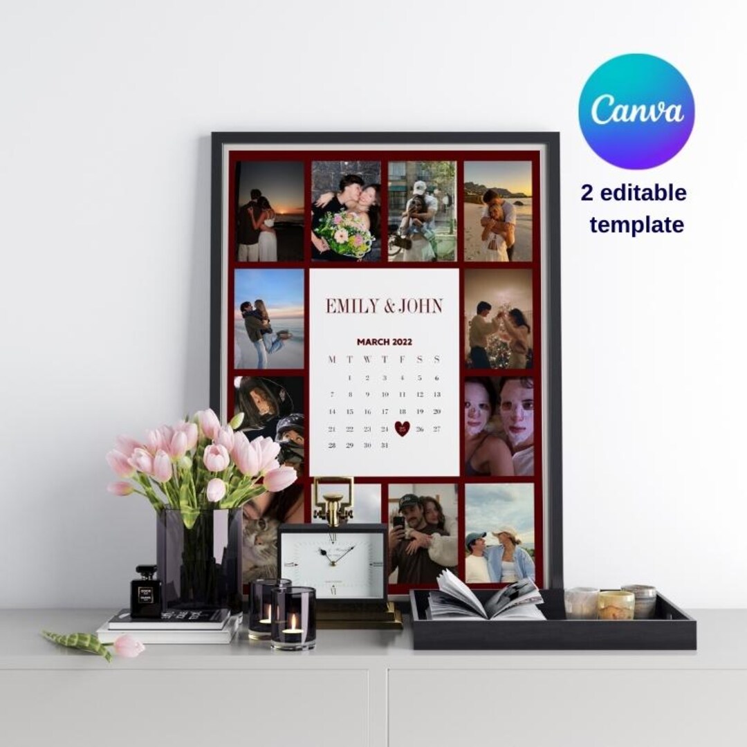 Editable Couples Calendar Poster, Personalized Anniversary Wall Art ...