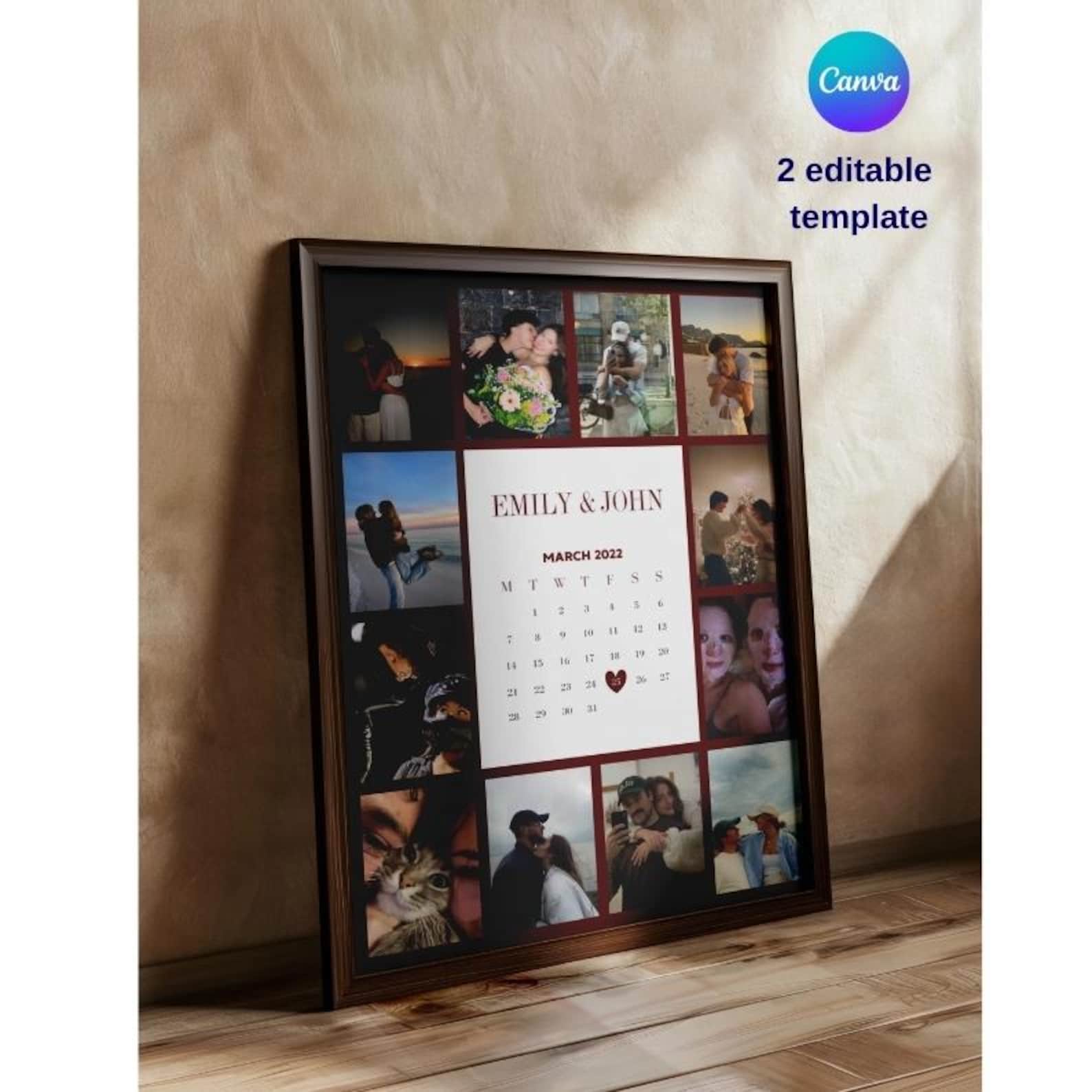 Editable Couples Calendar Poster, Personalized Anniversary Wall Art ...