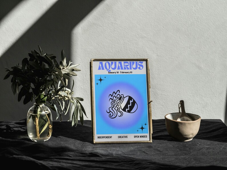 Aquarius Zodiac Wall Art – Retro Astrology Poster – Star Sign Print ...
