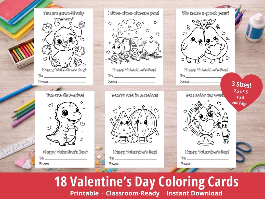 Valentine's Day Coloring Cards for Kids, Classroom Activity Printable ...