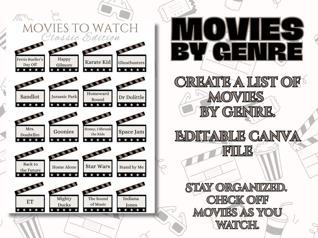 Movies to Watch by Genre | Editable Canva Movie List | Digital Download ...