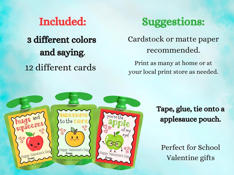 Applesauce Pouch Valentine's Day Cards | Printable Set (PDF Digital ...
