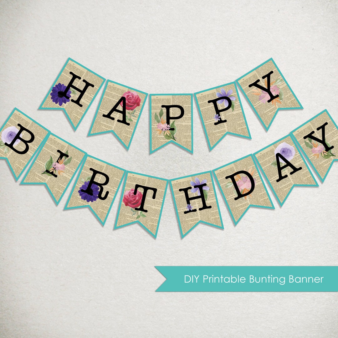 Floral Happy Birthday Banner: Vintage Printable Bunting (PDF) - Etsy