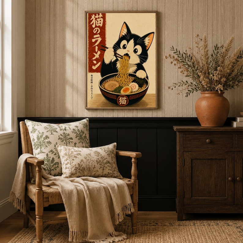 Cat Eating Ramen Printable Wall Art, Funny Restaurant Artwork, Vintage ...