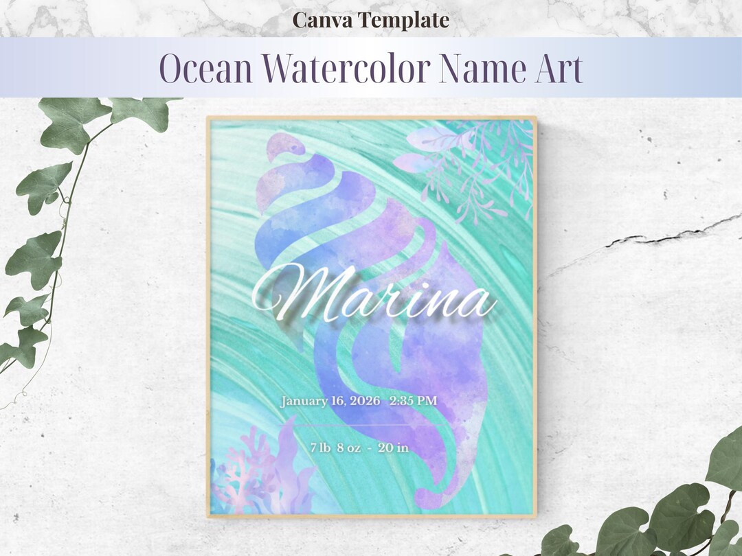 Ocean Watercolor Name Art Template | Shell Design | Baby Name Poster ...