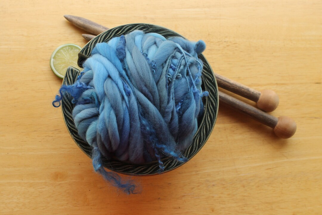 Curly Wool Yarn, Blue Yarn, Handspun Art Yarn, Thick and Thin Yarn ...