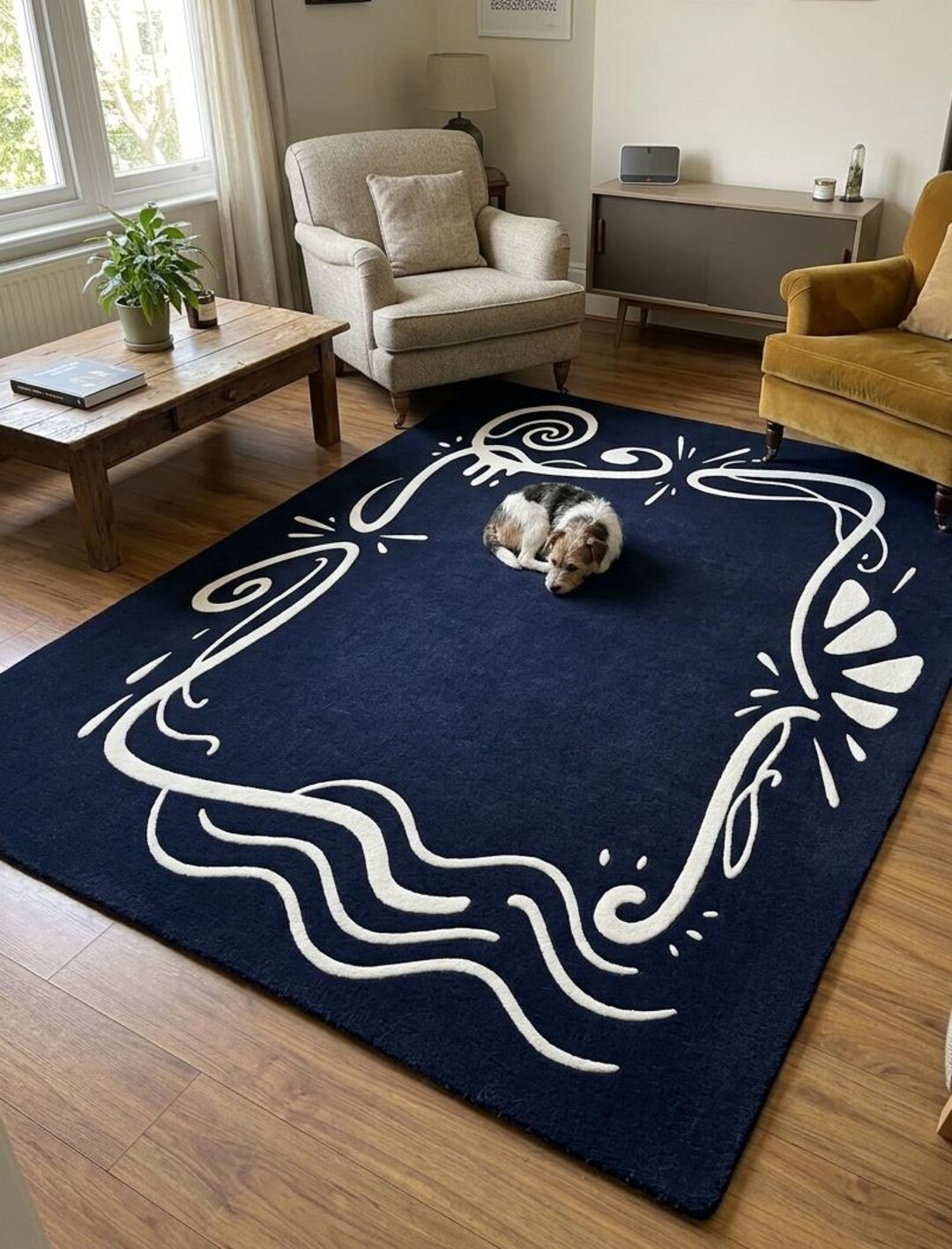 Artistic Doodle Hand-tufted Wool Rug, Navy Blue White Modern Area Rug ...