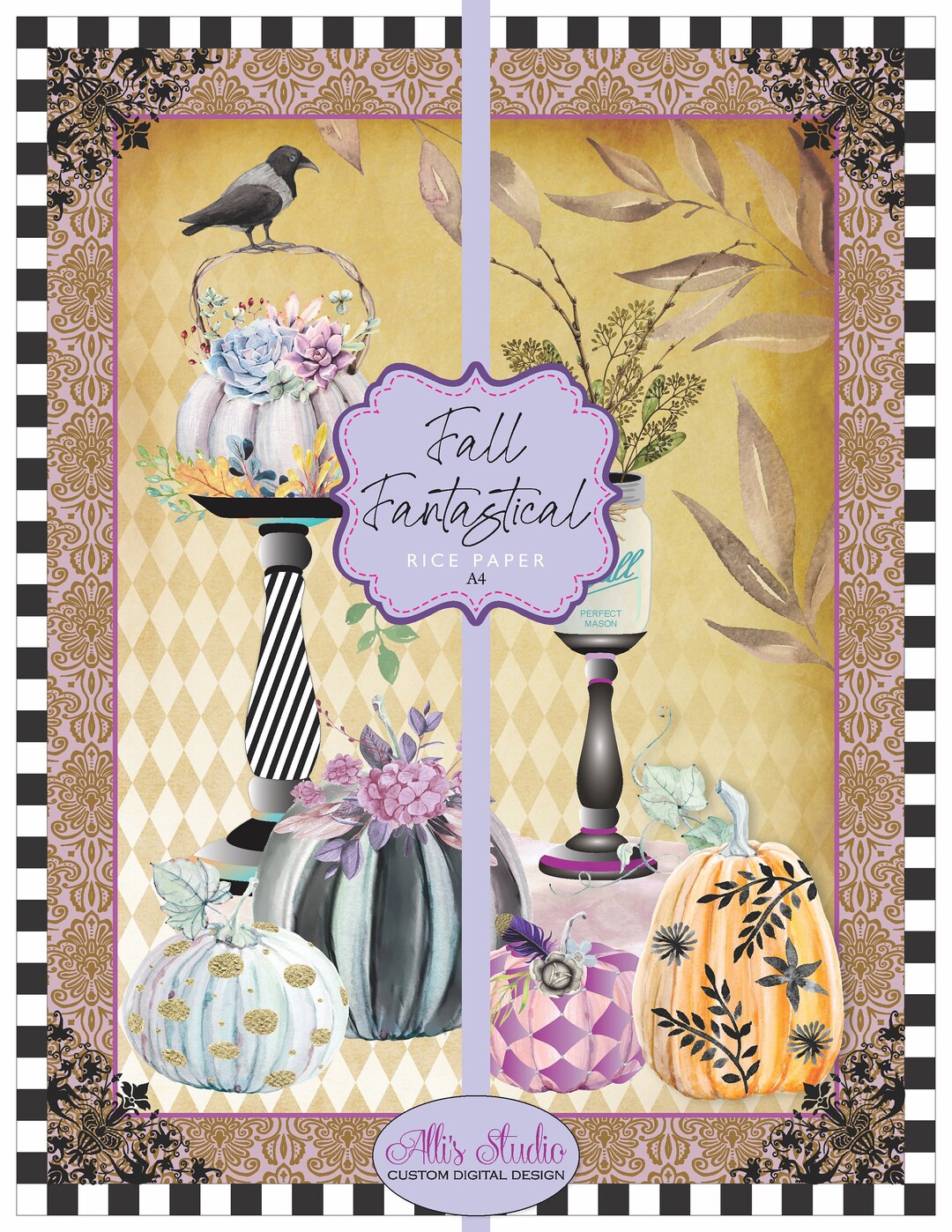Rice Paper Fall Fantastical Harvest Pumpkins Crow Raven Mason Jar Check ...
