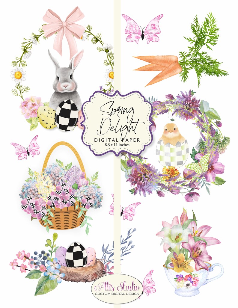 Spring Easter Rabbit Bunny Chick Eggs Nest Basket Carrots - Etsy