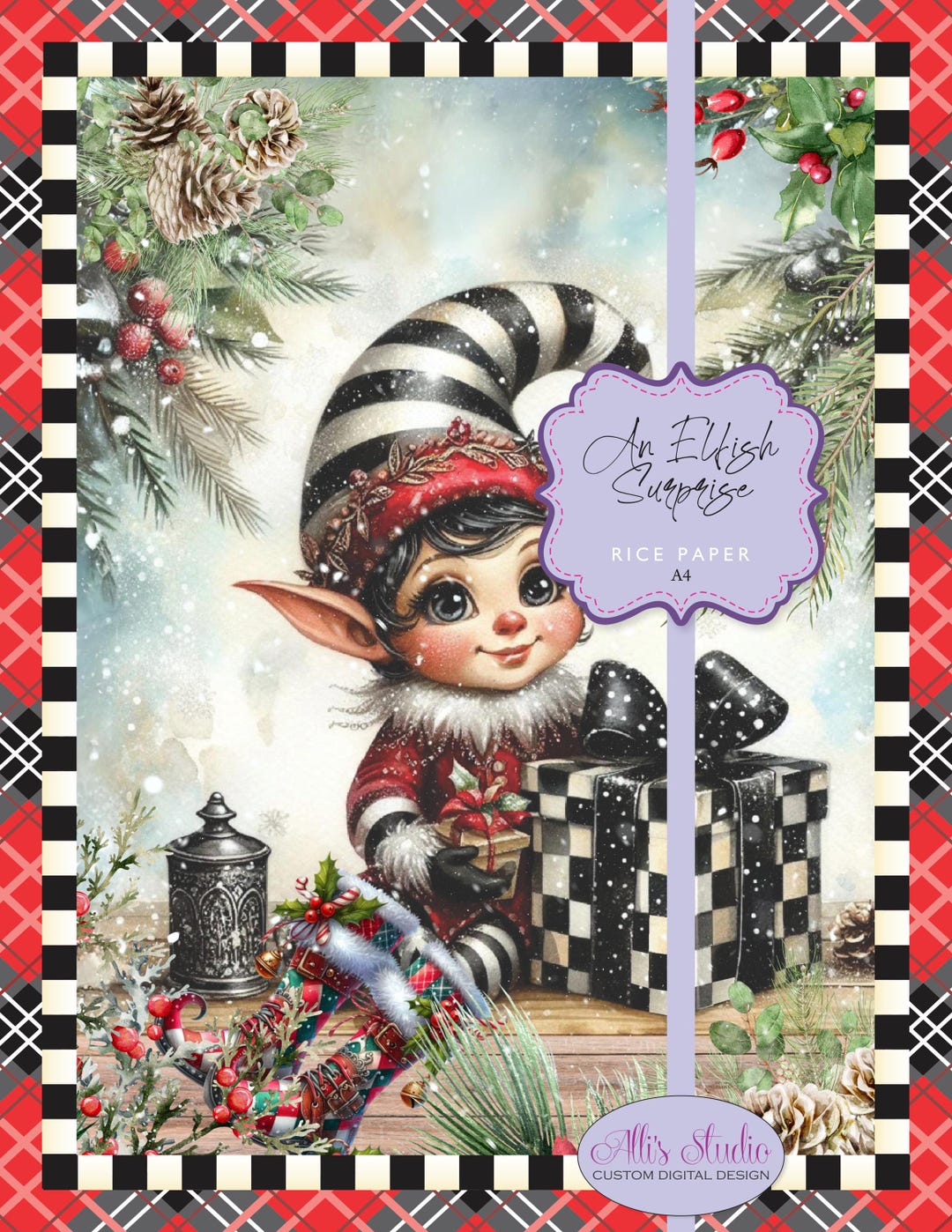 Rice Paper Elf Elves Present Gift Holiday Christmas Tree Tartan Plaid ...