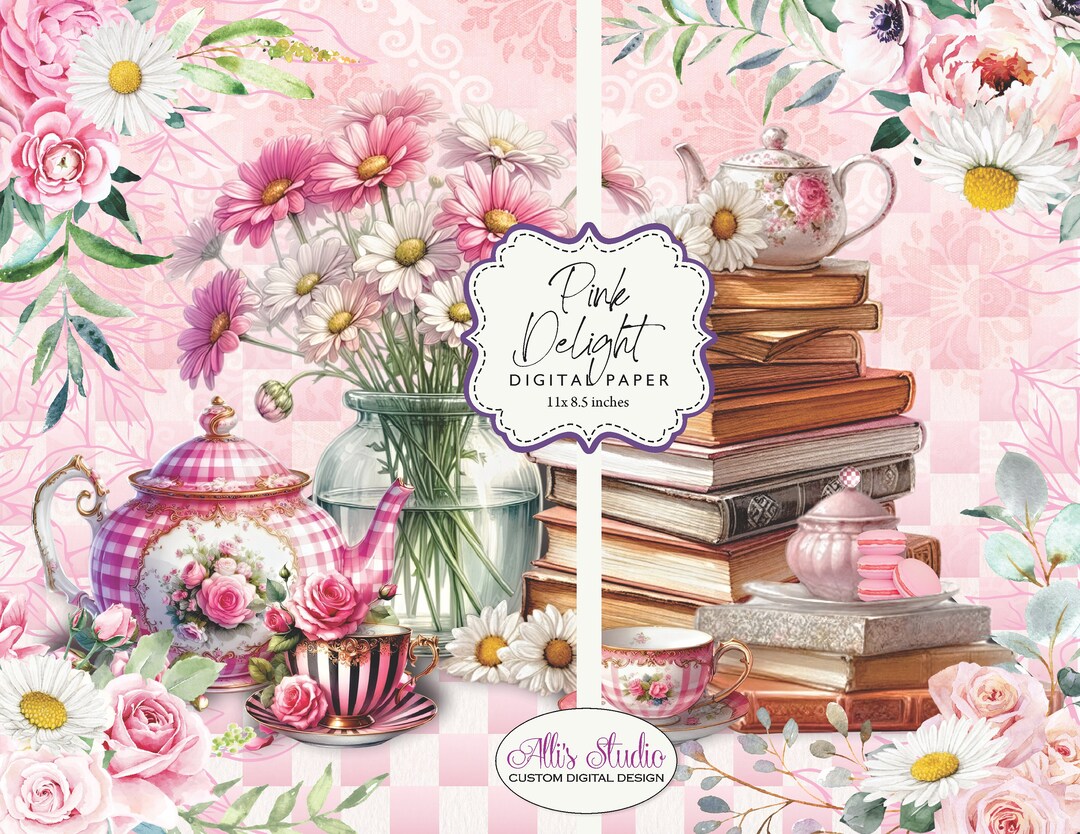 Pink Tea Party Digital Paper: Vintage Roses, Daisies (8.5x11 Digital ...