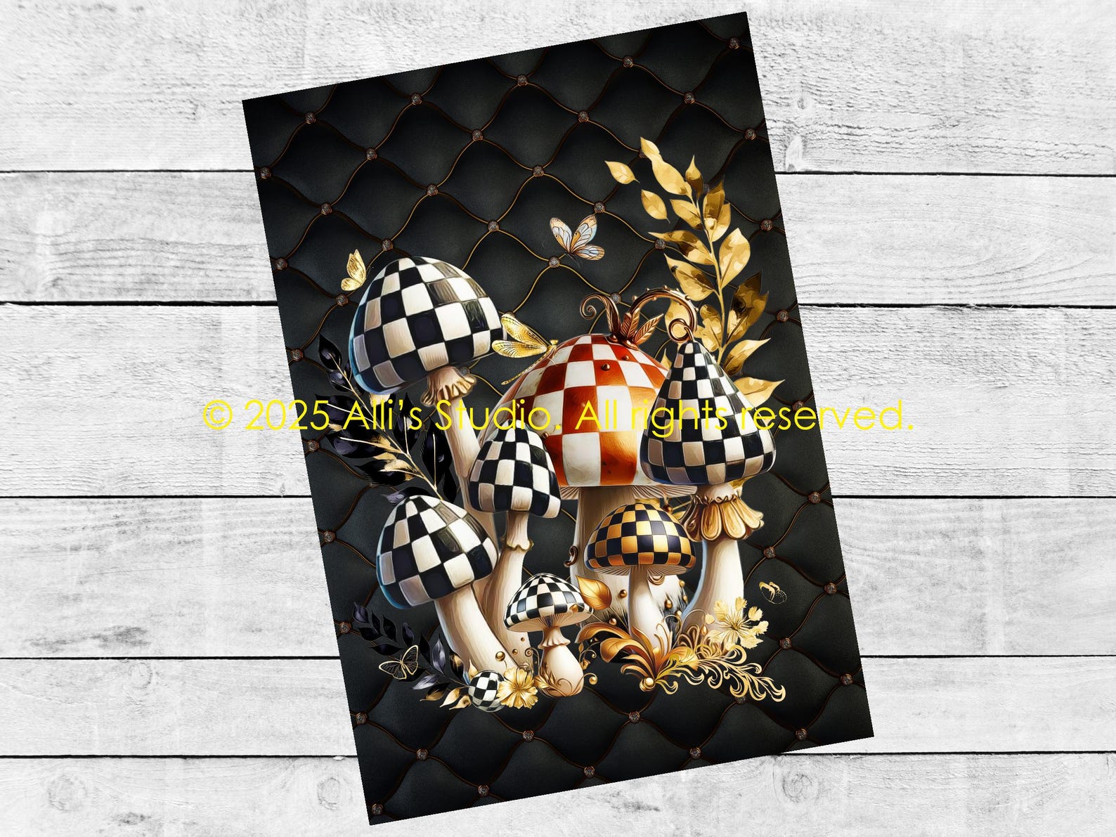 Rice Paper Mushrooms Galore Whimsical Black White Check Gold Copper ...