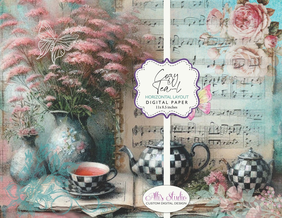 Cozy Teal Tea Checks Teal Sheet Music Vintage Antique Paper Black and ...