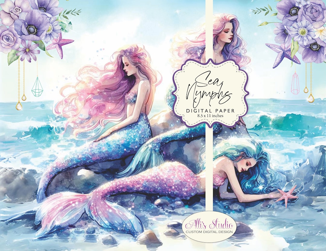Mermaids Sea Nymphs Mermaid Sirens Sea Ocean Nautical Digital Paper 8 ...