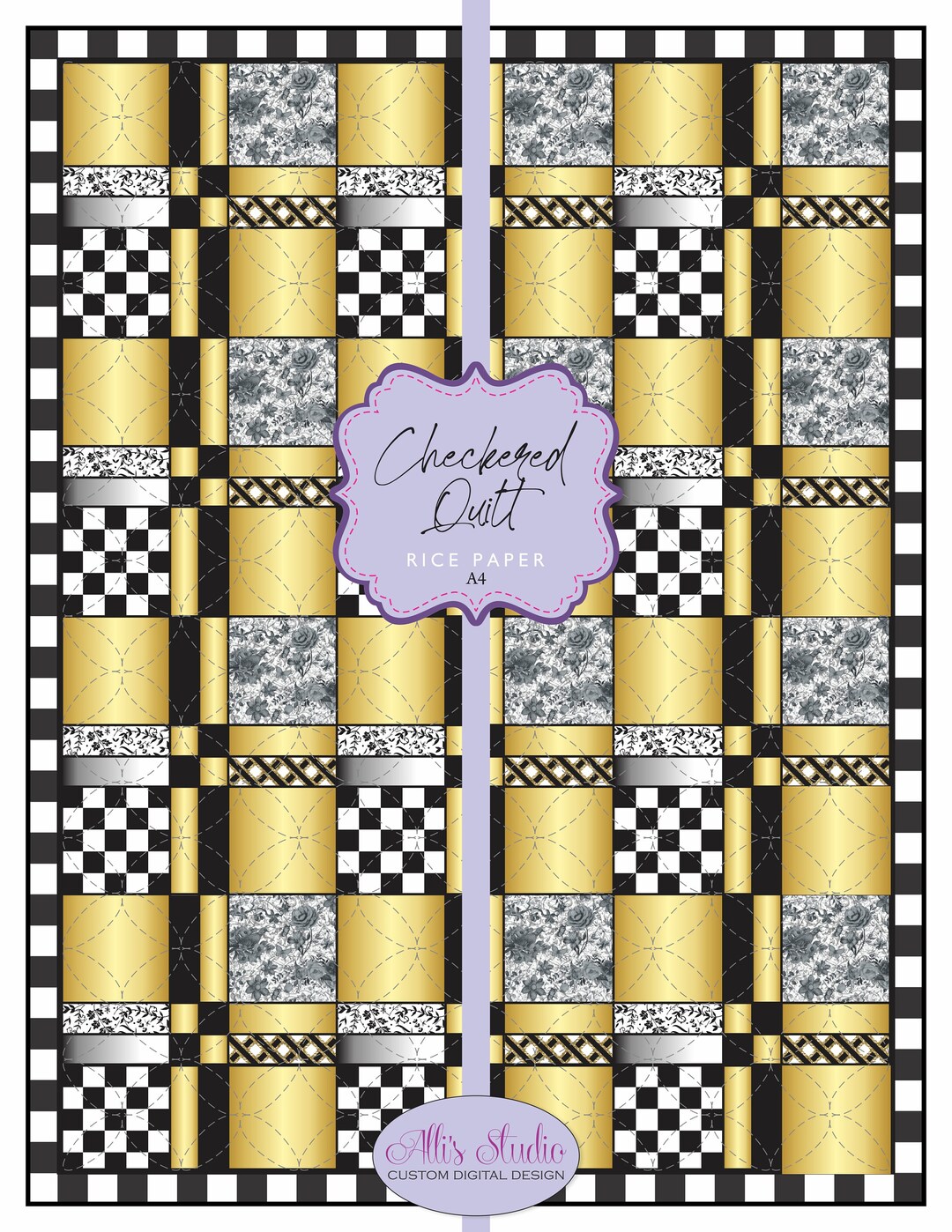 Rice Paper Checkered Quilt Gold Metallic Toile Glitter Quilt Pattern ...