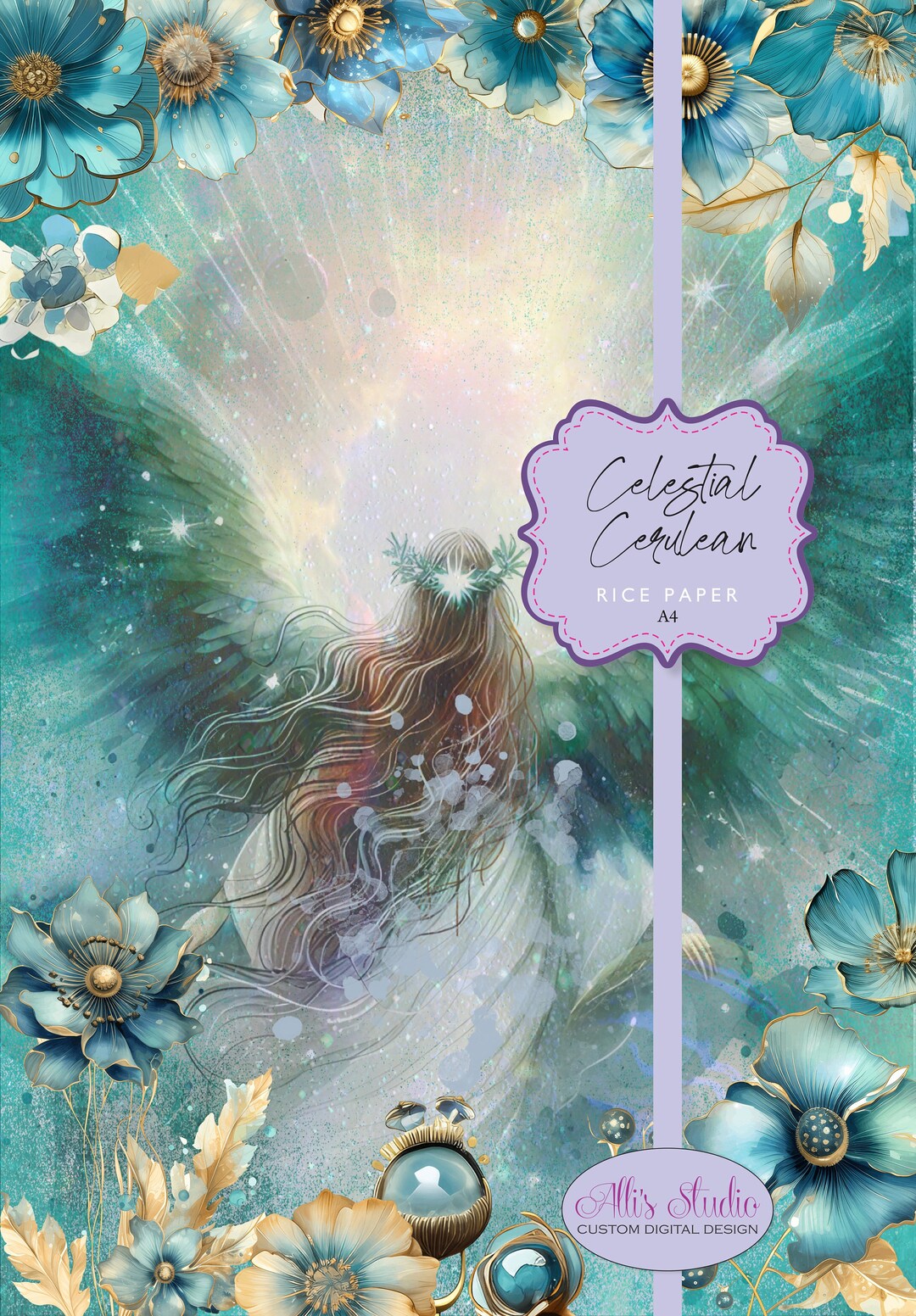 Rice Paper Celestial Cerulean Guardian Angel Teal Turquoise Heaven Blue Watercolor Decoupage A4 ...
