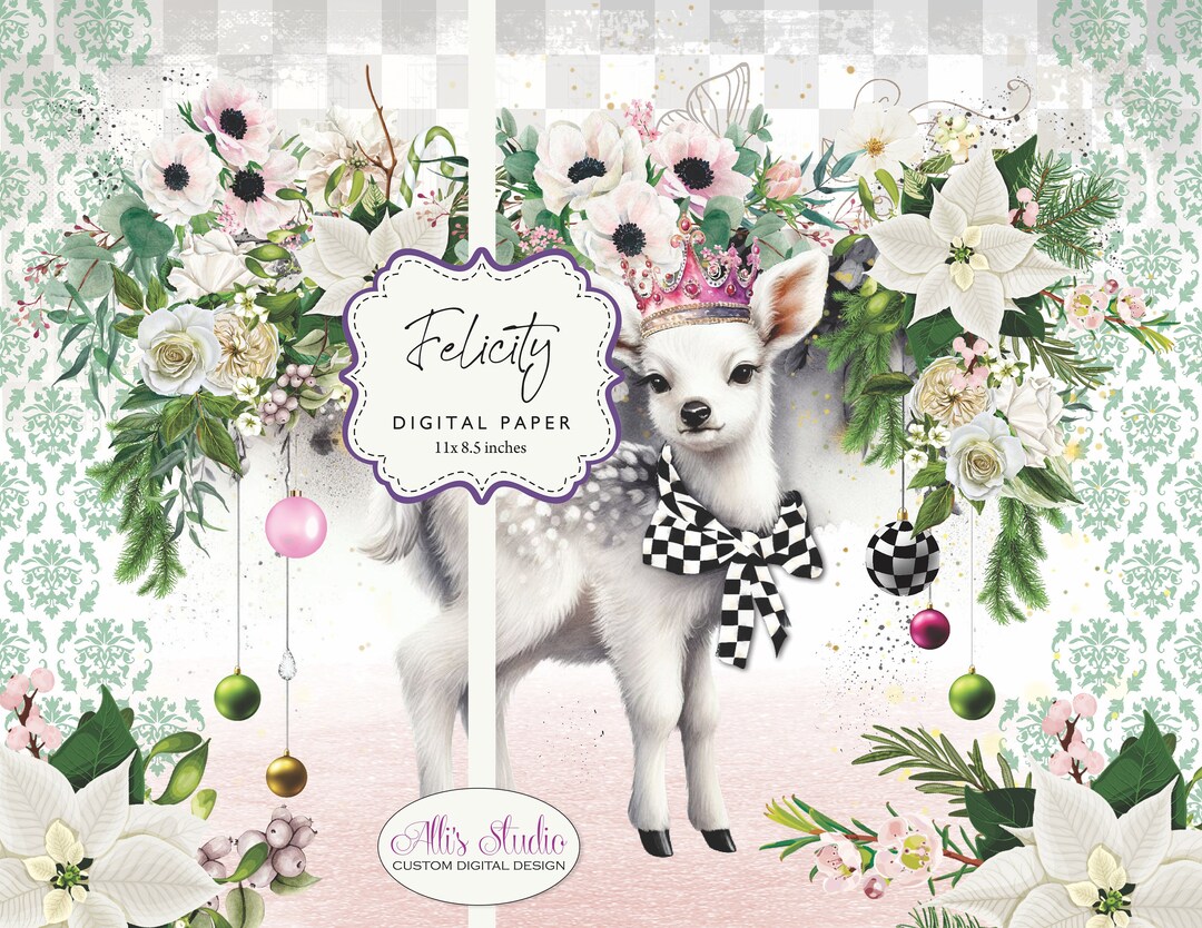 Felicity White Fawn Poinsettia Green Pink Crown Christmas Winter Happy ...