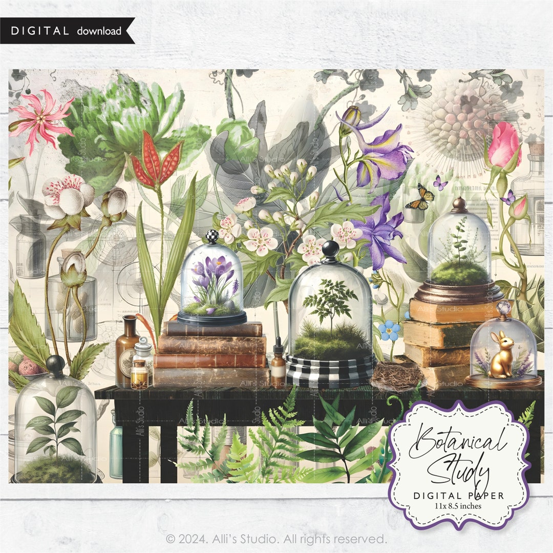 Botanical Study Botany Plants Cloche Ferns Stacked Books Botanist ...