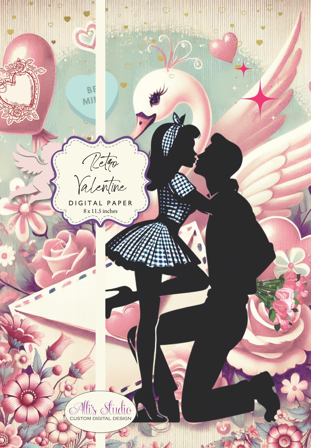 Retro Valentine's 1950s Couple Silhouette Cupid Love Roses Teal Pink Digital Paper 8x11.5 A4 ...