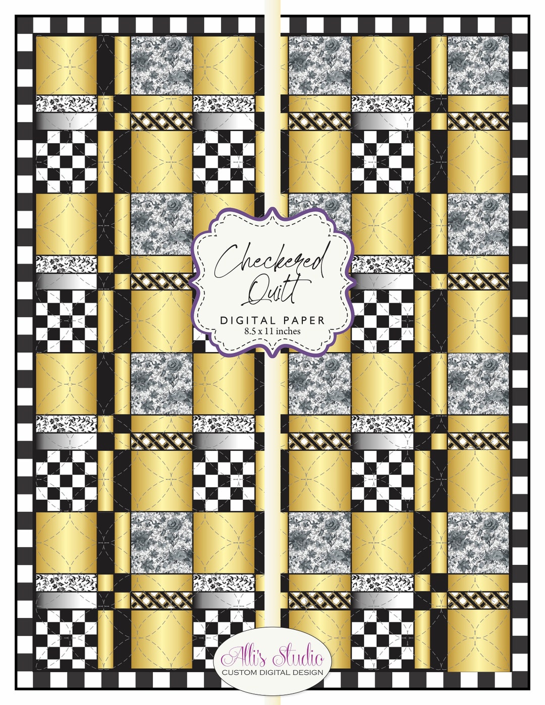 Checkered Quilt Gold Metallic Toile Glitter Quilt Pattern Checks ...