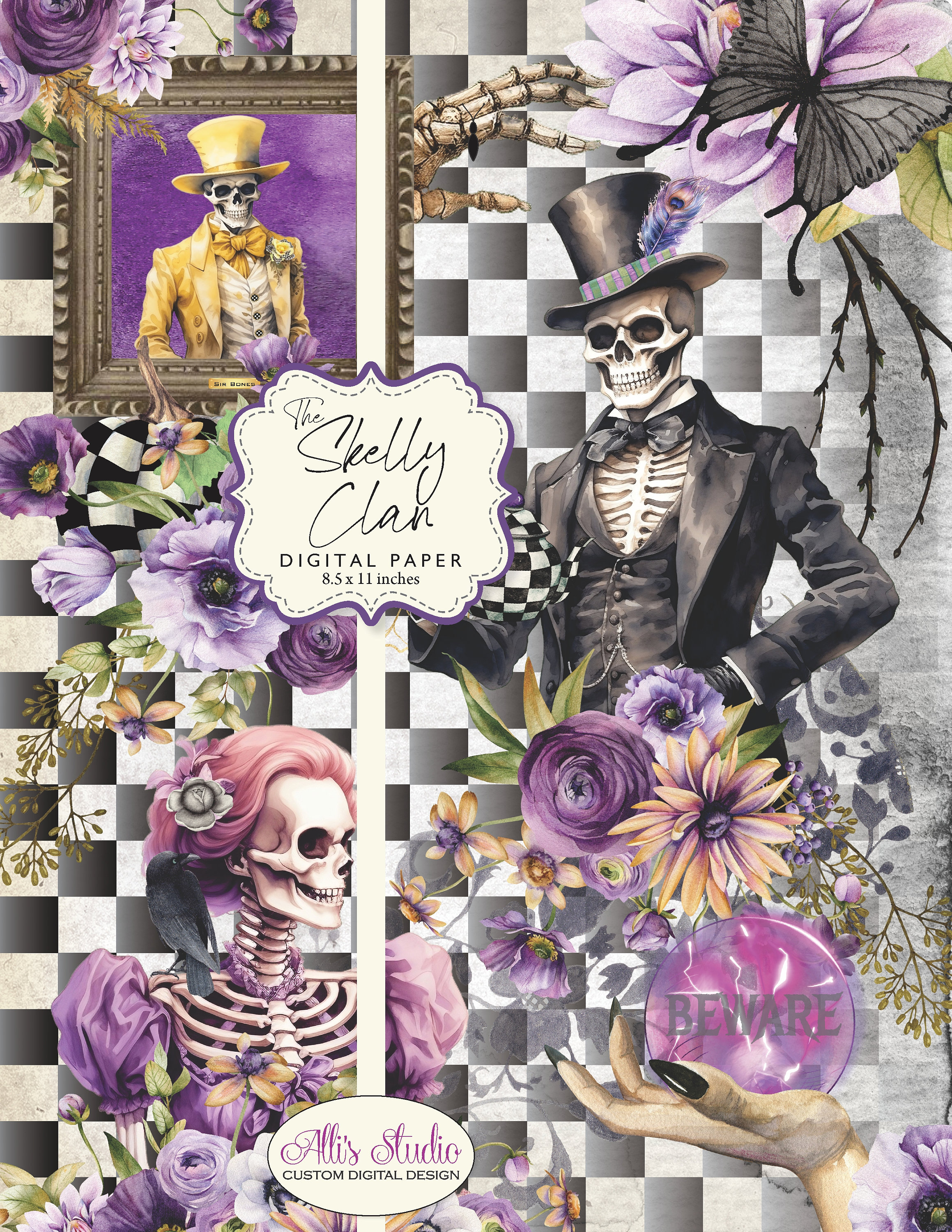 Skelly Clan Skeletons Halloween Gothic Pumpkin Skull Black Check Goth ...