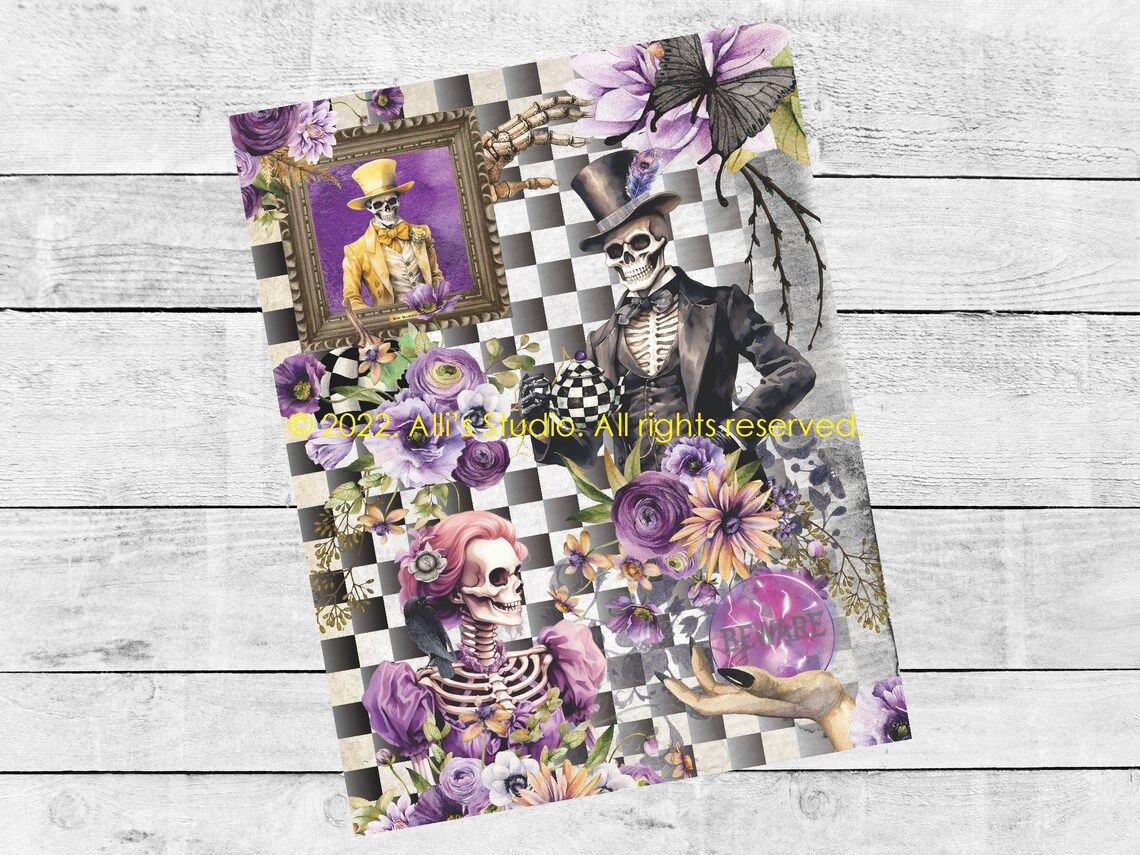 Skelly Clan Skeletons Halloween Gothic Pumpkin Skull Black Check Goth ...