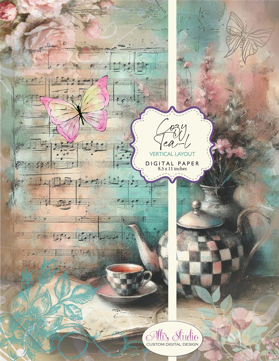 Tea Checks Teal Sheet Music Vintage Antique Paper Black and White ...