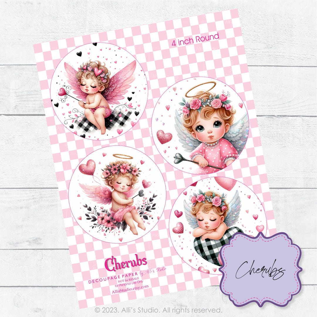 Rice Paper Cherubs Pink Roses Sparkle Halo 4" Round Hearts Love ...