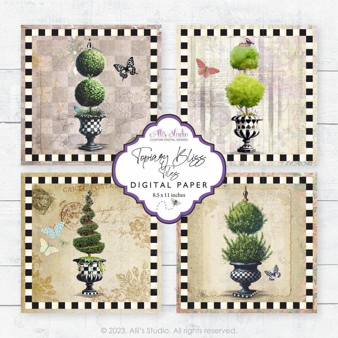 Topiary Moss Urn Damask Checks Butterflies Vintage Ephemera Digital ...
