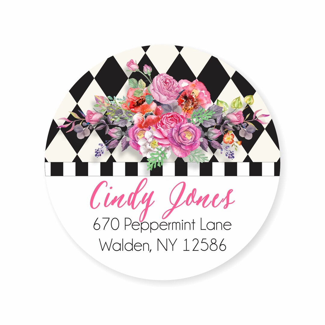 Harlequin Rose Poppy Check Floral Pink Peony Personalized Address ...