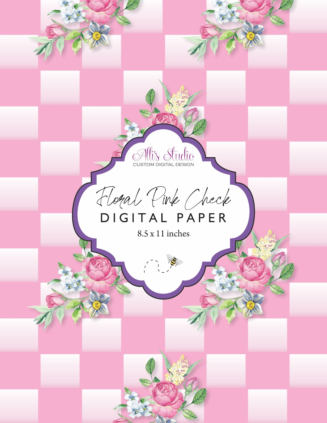Pink White Check Floral Digital Paper 8.5x11 Printable DIY - Etsy