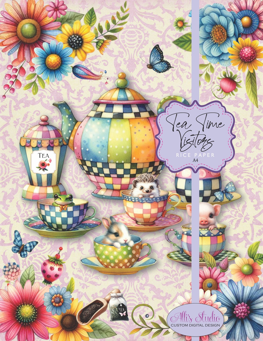 Rice Paper Teatime Visitors Whimsical Tea Party Checks Hedgehog Frog ...