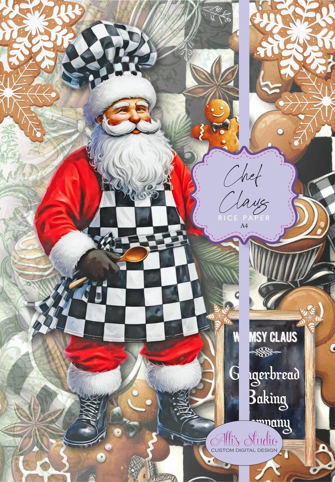 Rice Paper Chef Santa Claus Whimsy Gingerbread Baking Black White ...