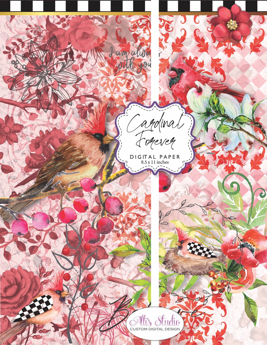 Cardinal Red Cardinals Whimsy Check Toile Floral Decoupage Collage ...