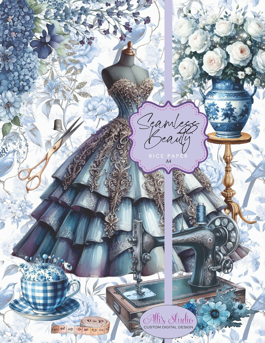 Rice Paper Blue Dress Form Sewing Floral Pincushion Vintage Seamstress ...