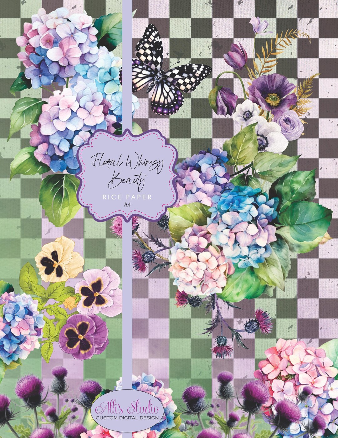 Rice Paper Whimsical Thistle Hydrangea Pansies Butterfly Black Purple ...