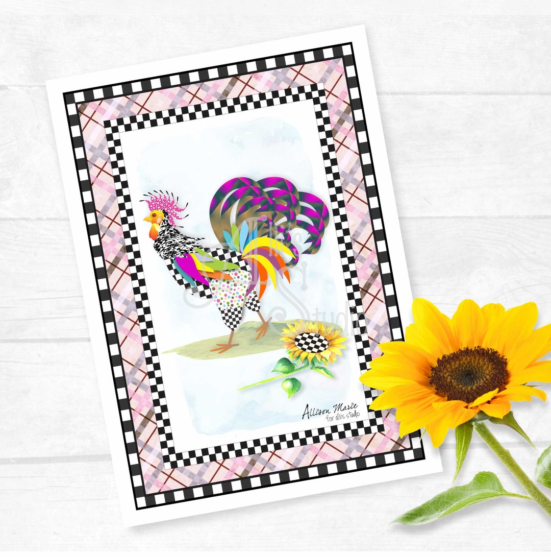Rooster Sunflower Whimsical 5x7 Art Print Card With Envelope Checkered ...