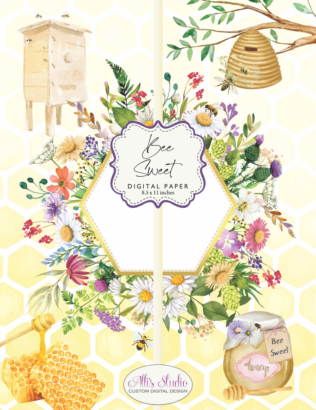 Bee Honey Bee Sweet Daisies Floral Honeycomb Yellow Floral Daisy ...