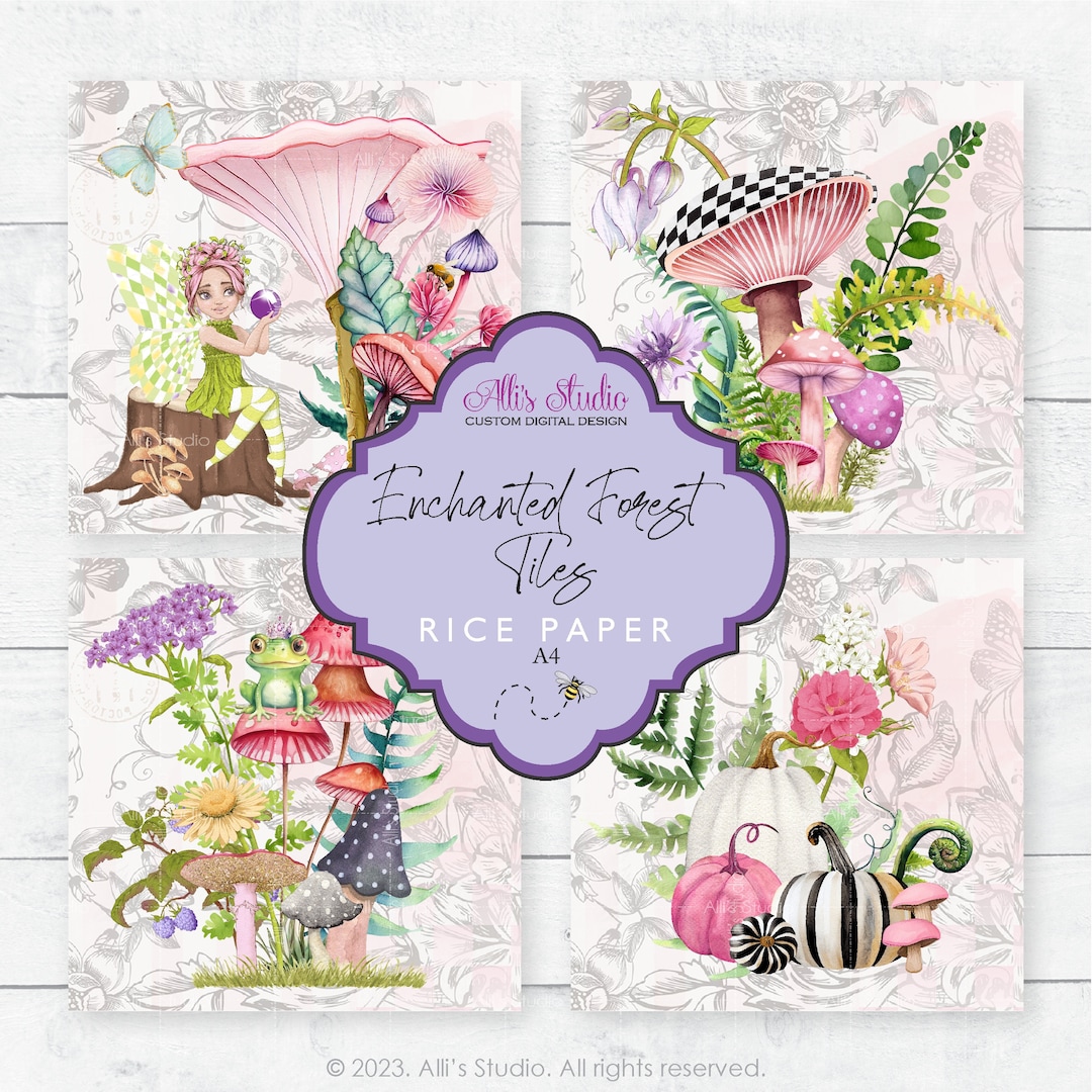 Rice Paper Enchanted Forest 4x4 Tiles Fairy Mushroom Floral Butterfly ...