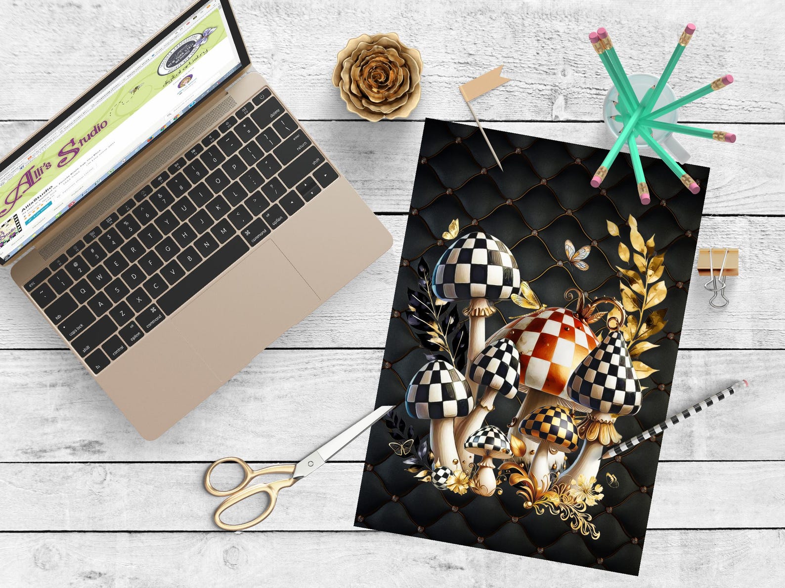 Rice Paper Mushrooms Galore Whimsical Black White Check Gold Copper ...